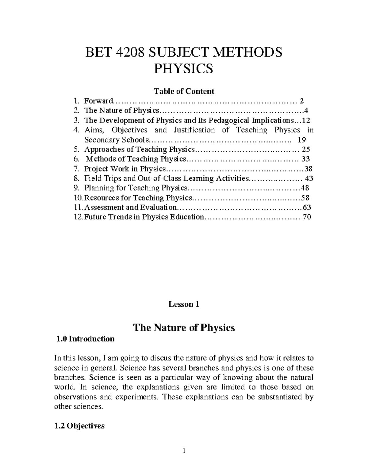 BET 4208 Lesson Notes: Teaching Methods in Physics - Studocu