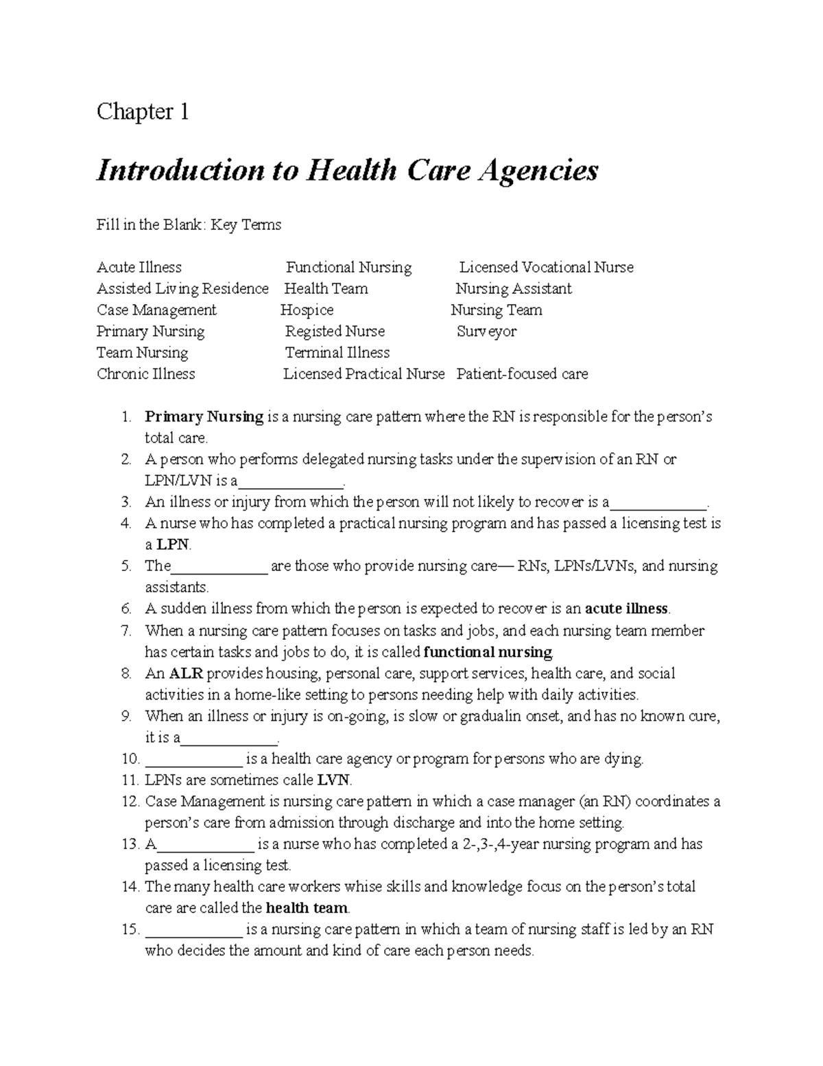 Chapter 1 - Intro to Health Care Agencies: Key Terms & Concepts - Studocu