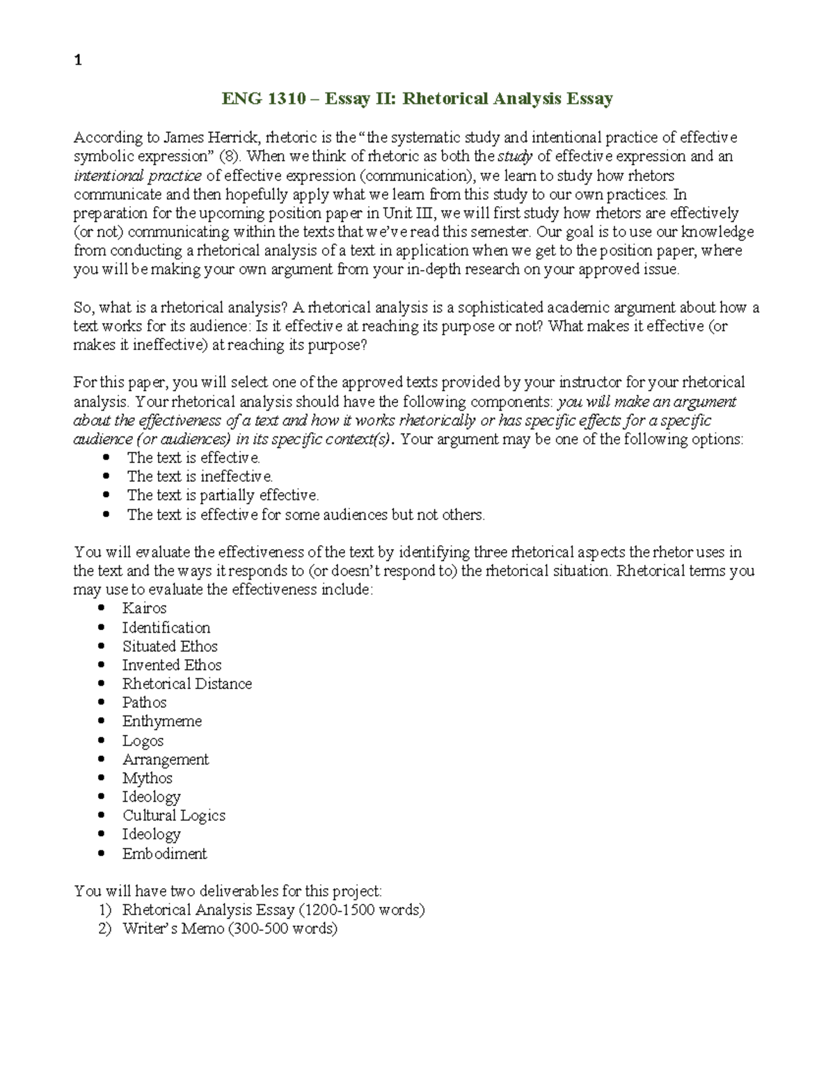 ENG 1310 Essay II: Rhetorical Analysis Guide for Fall 2025 - Studocu