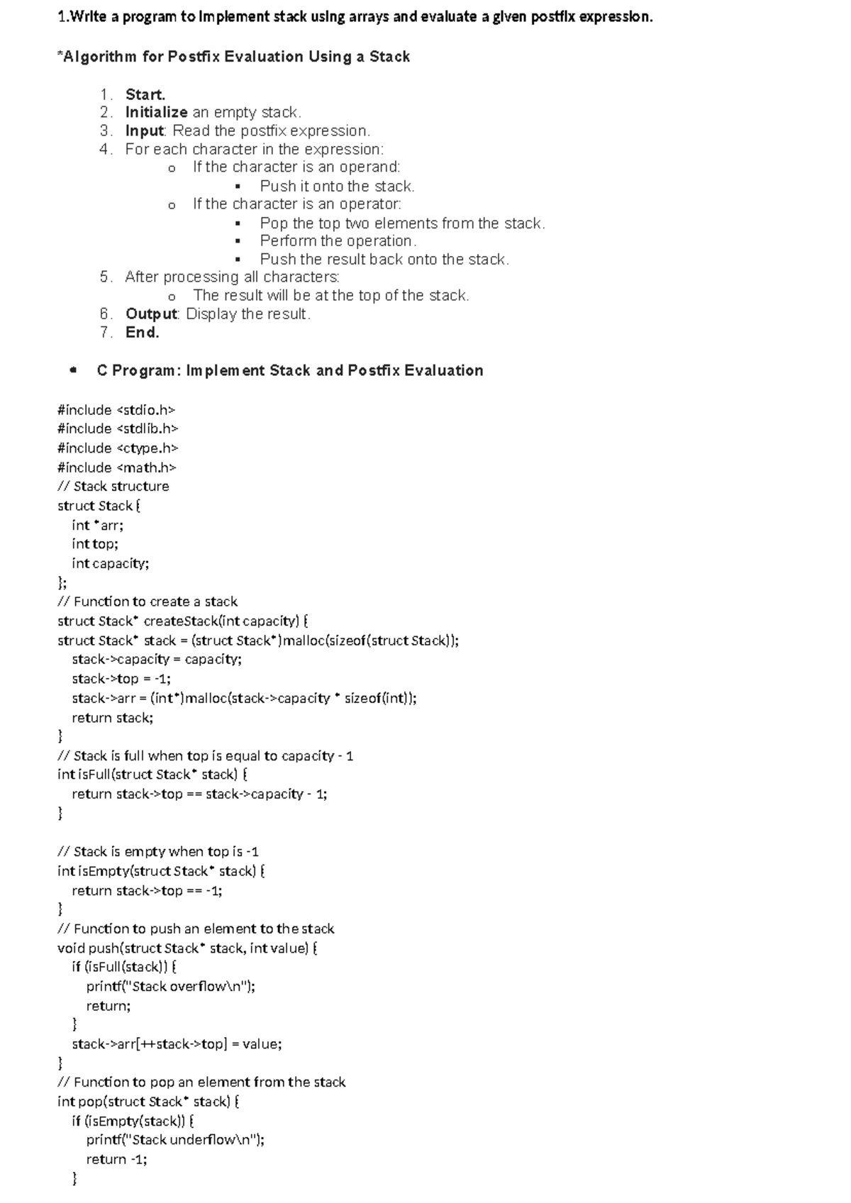 10 Qusention lab DSA - LAB FOR DSA - 1 a program to implement stack using arrays and evaluate a ...