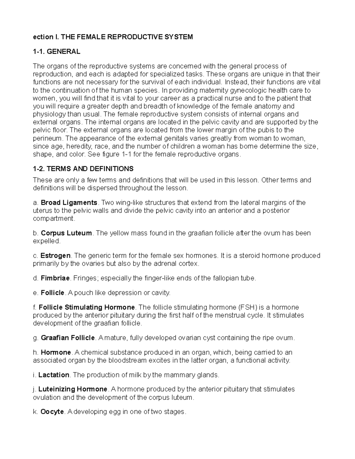 Anatomy and Physiology lecture notes - ection I. THE FEMALE ...