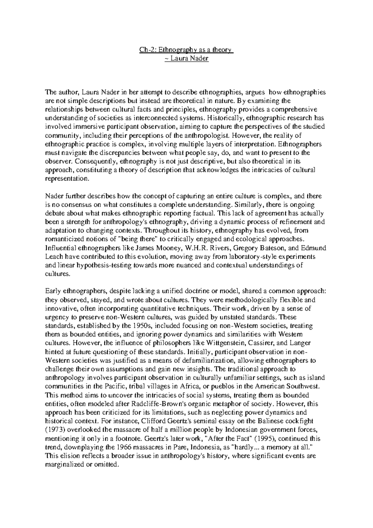 Ch-2: Ethnography as Theory - Insights from Laura Nader - Studocu