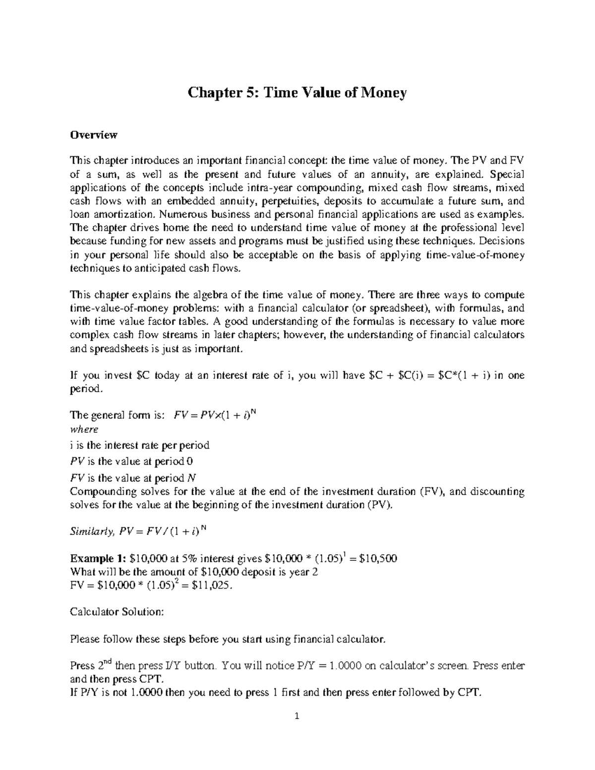 Chapter 5: Time Value of Money - PV & FV Calculations Overview - Studocu