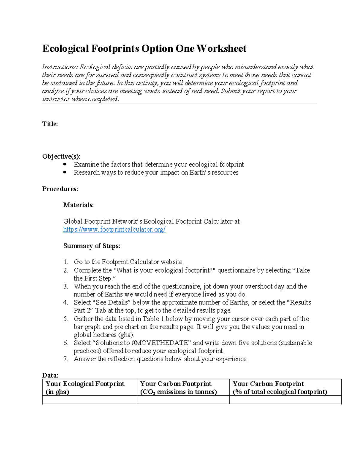 Ecological Footprints Worksheet: Option One Analysis and Reflection ...