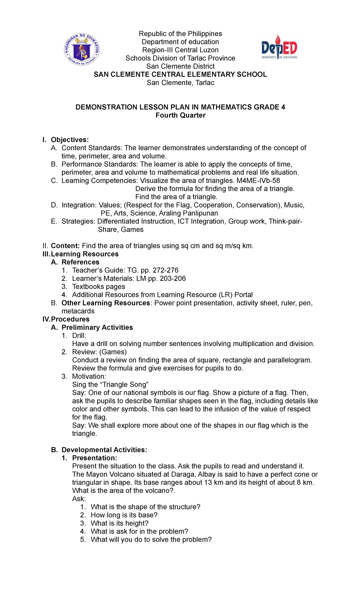 407390651 G4 Math Demo Lesson Plan: Area of Triangles - Studocu