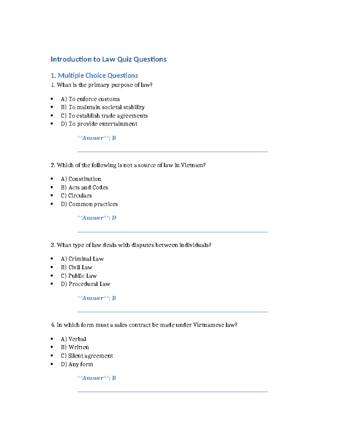 Introduction to Law Quiz Questions & Answers (LAW101) - Studocu
