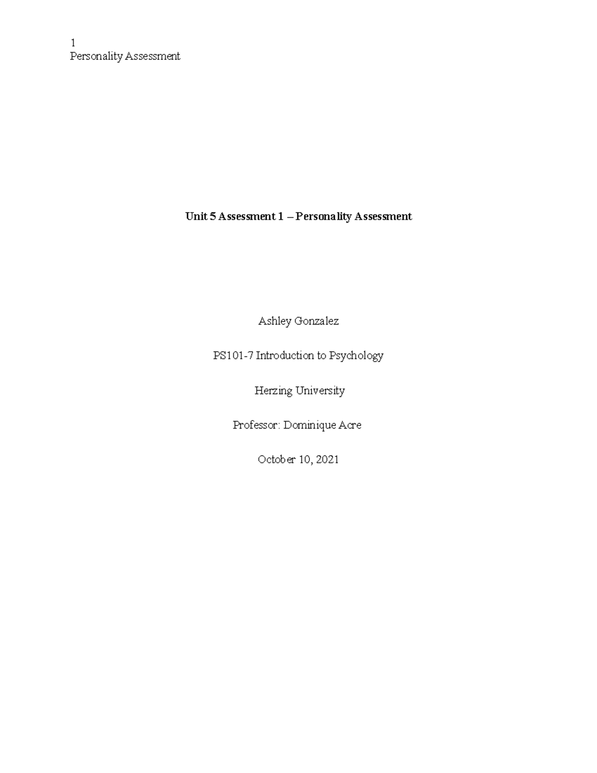 Unit 5 Assessment 1: Exploring Personality Assessments in Psychology ...