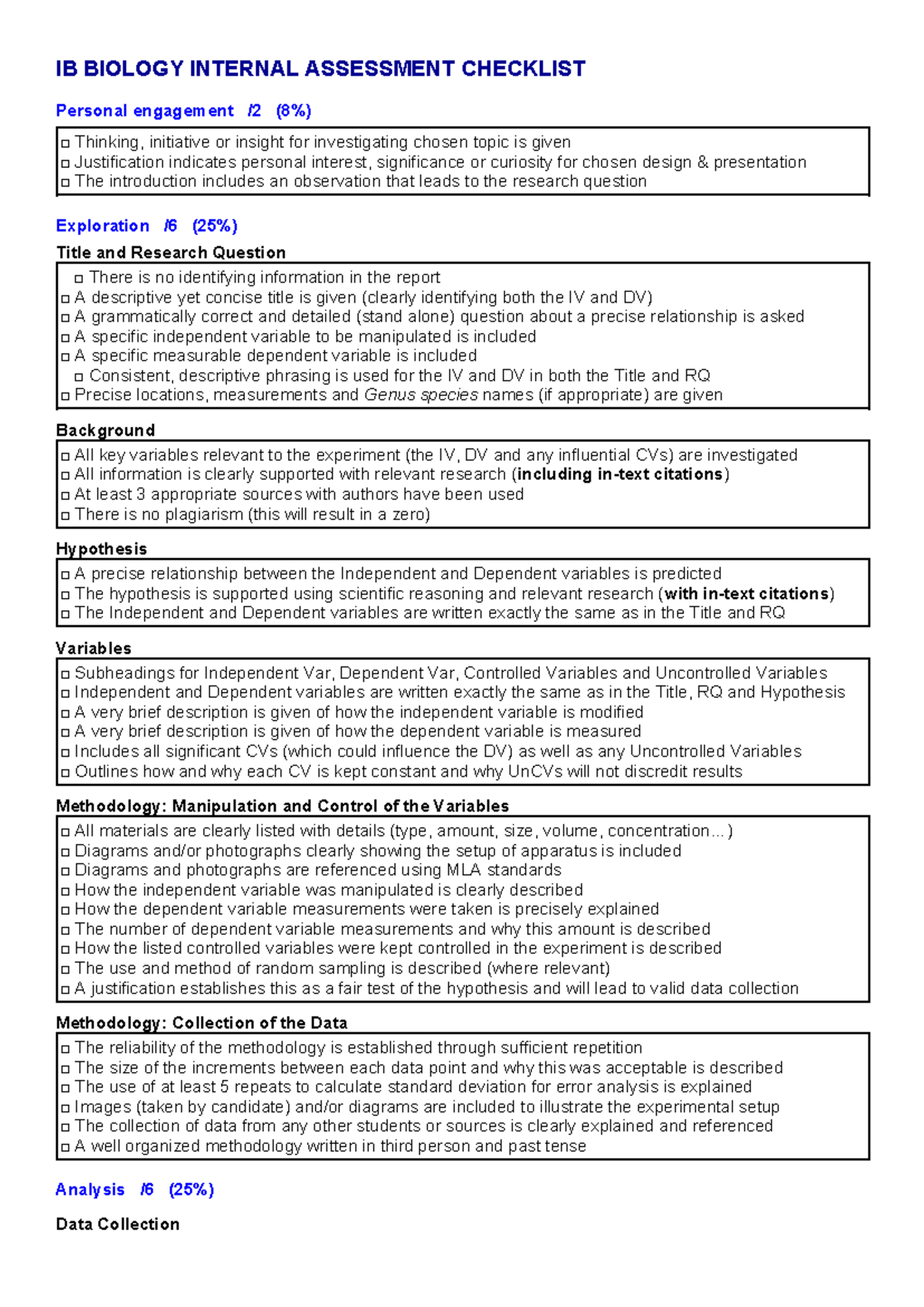 IB Biology - IA Checklist - IB BIOLOGY INTERNAL ASSESSMENT CHECKLIST ...