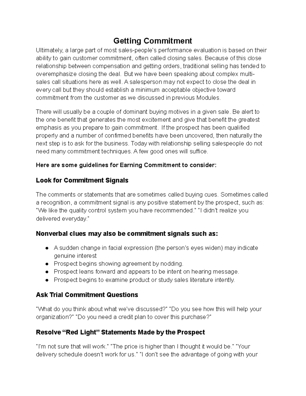 Getting Commitment - Getting Commitment Ultimately, a large part of most sales-people’s ...