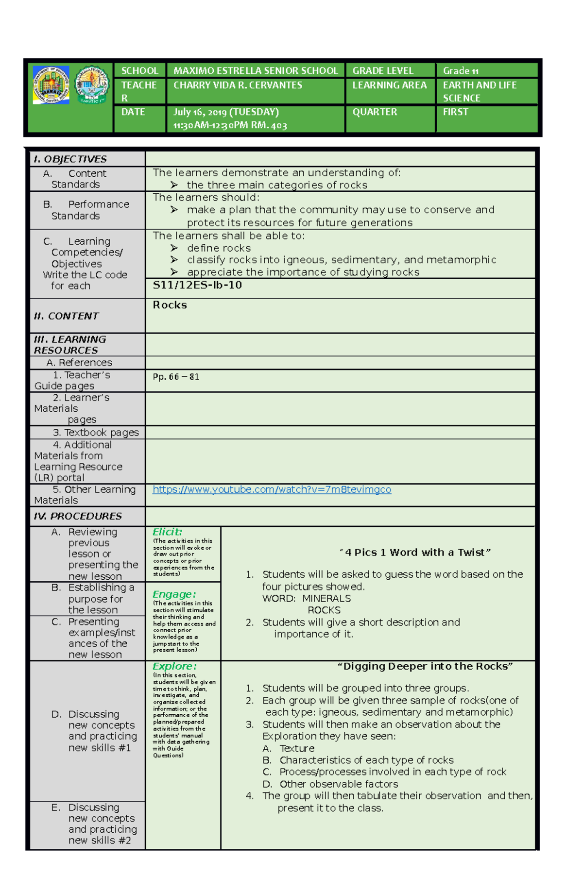 Rocks and Their Classifications - Earth Science Lesson S11/12ES-Ib ...