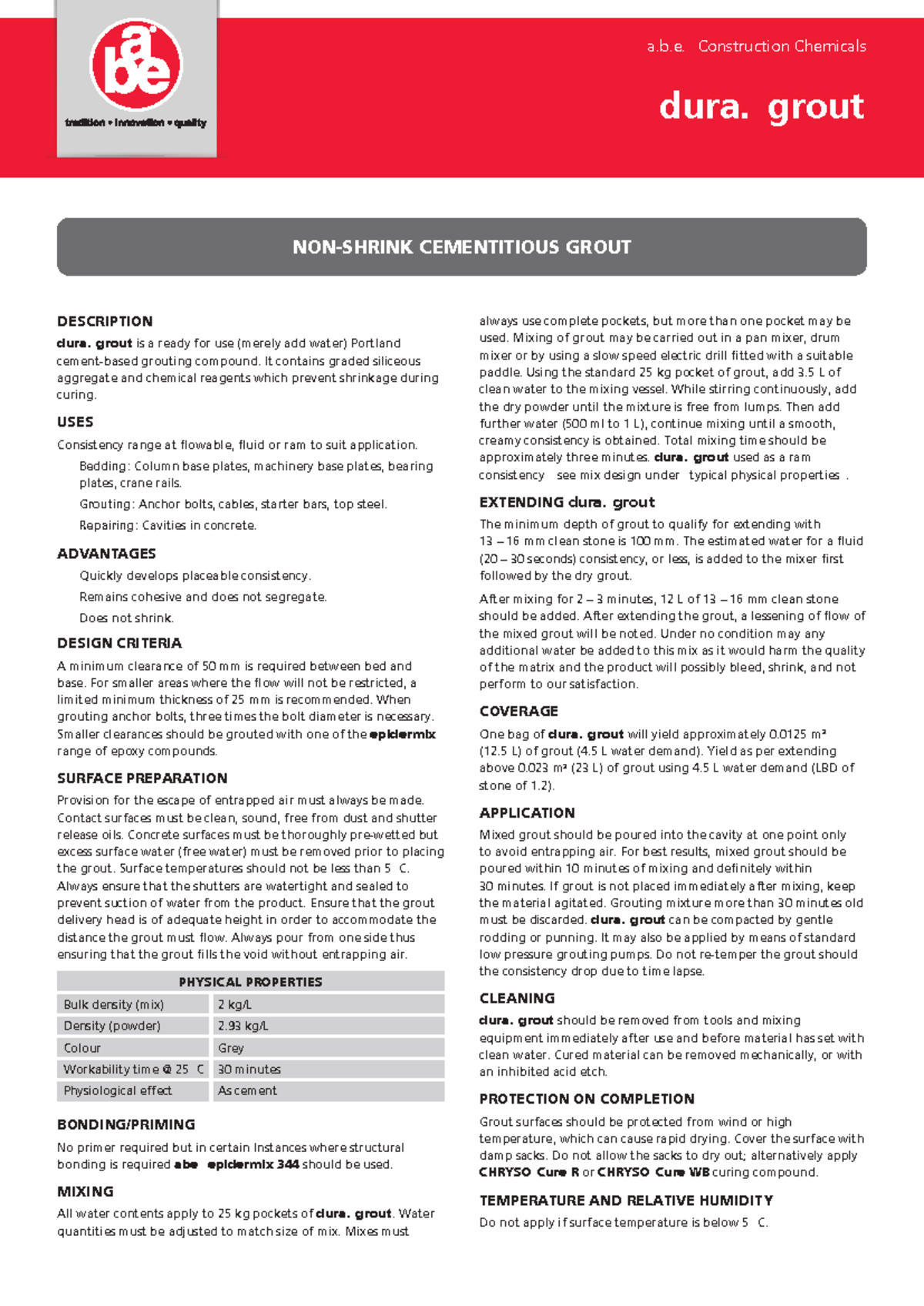 A.B.E. - Duragrout-DS - CEMENTITIOUS GROUT Specifications - Studocu