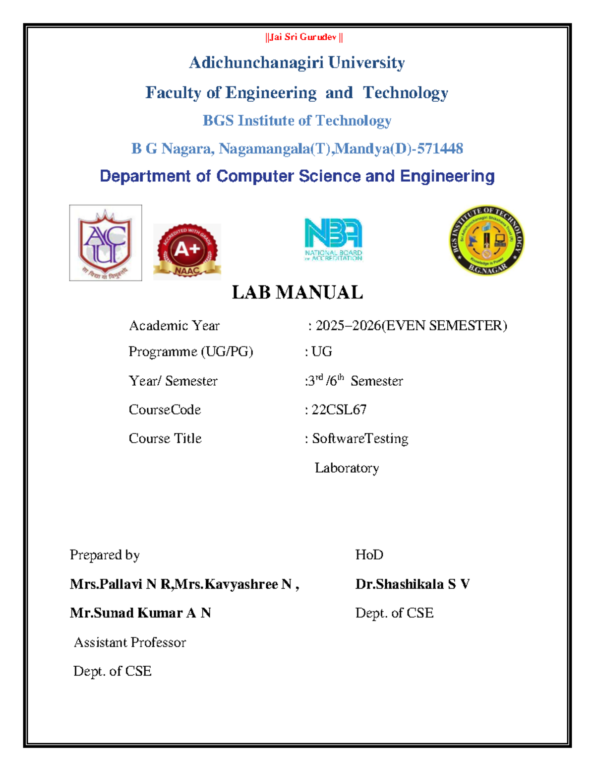 Updated ST Lab Manual 2025-26 for 22CSL67 Software Testing - Studocu