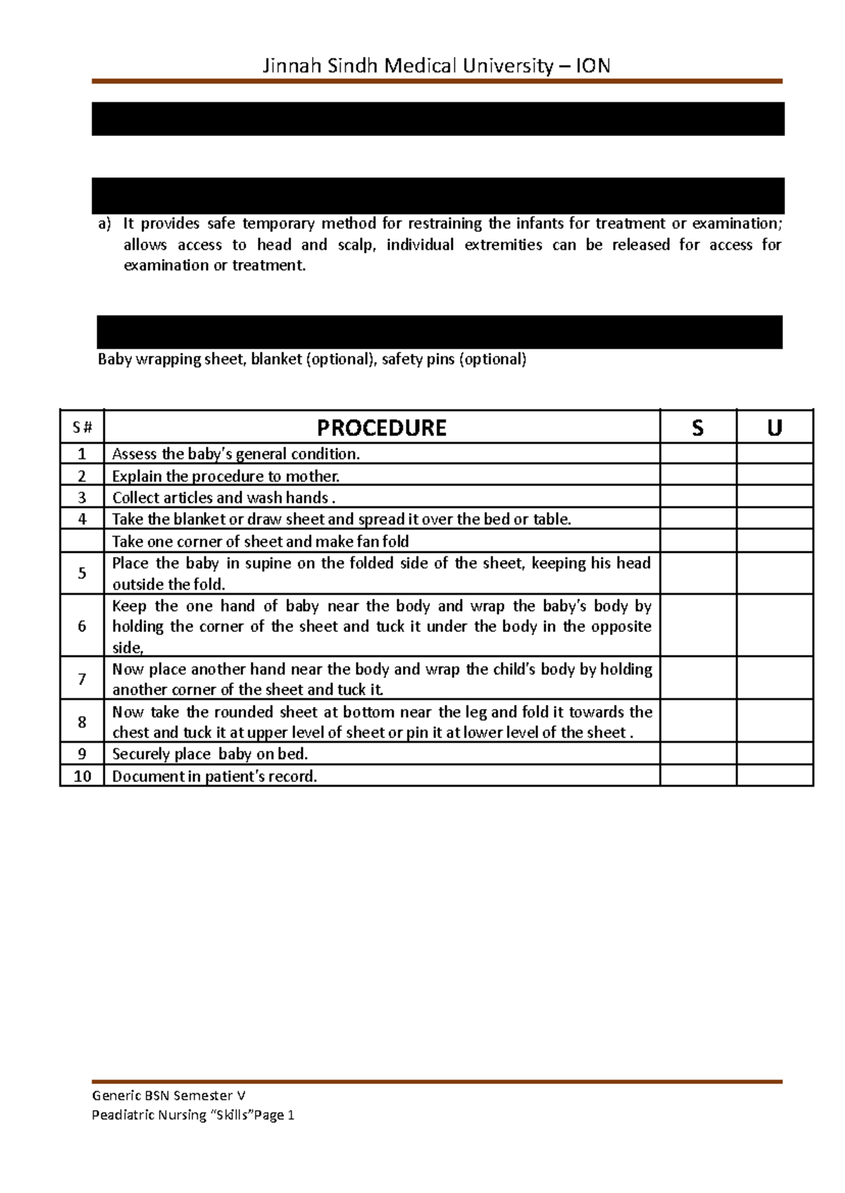 Infant Mummy Restraint - Skill Guide for Generic BSN Semester V - Studocu