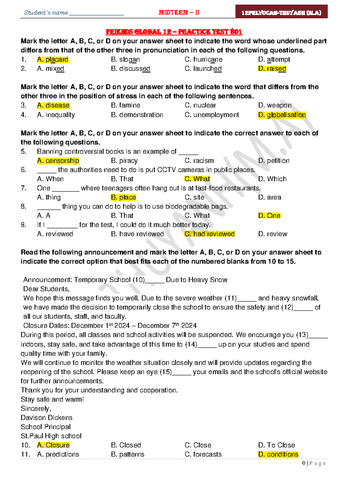 MIDTERM II (M.A) FRIENDS GLOBAL 12 PRACTICE TEST 801 - Studocu