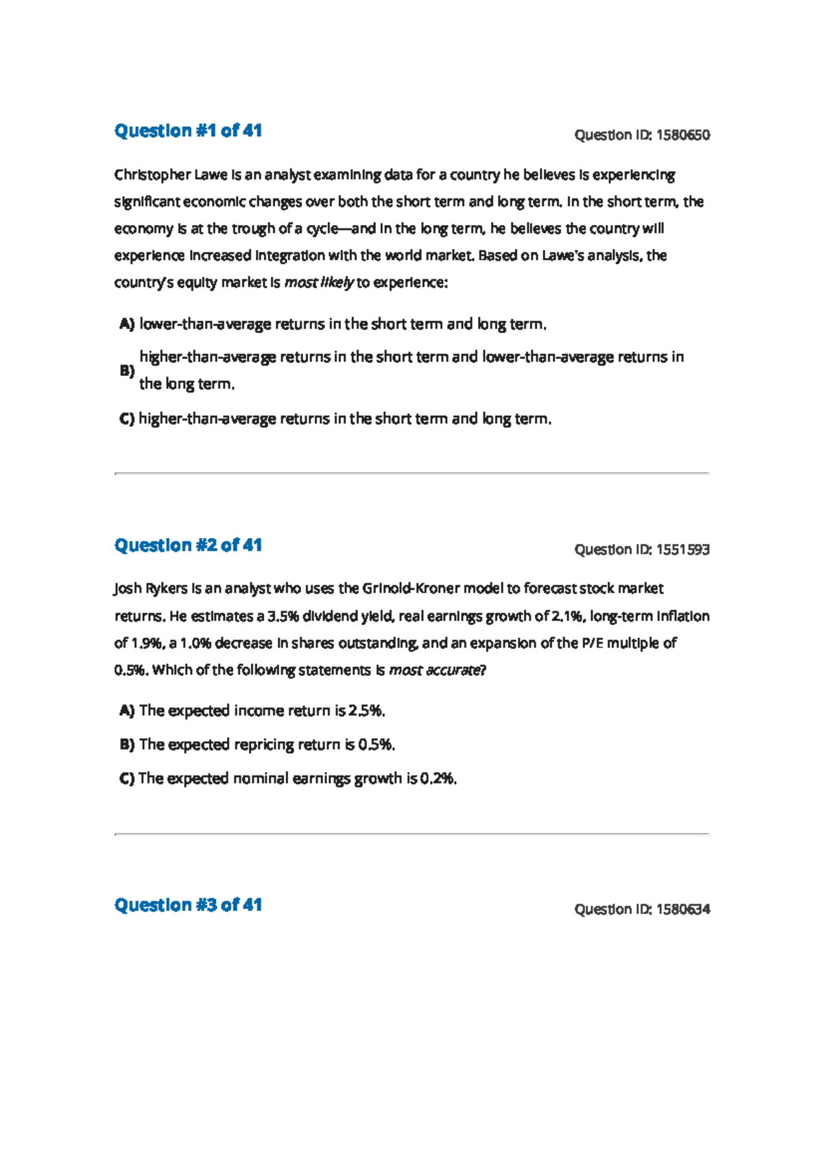 Reading 2 Capital Market Expectations, Part 2 Forecasting Asset Class Returns - Question #1 of ...