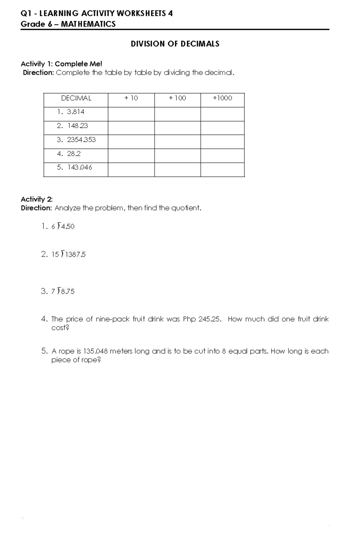 Q1 G6 Math LAW 4 - Division of Decimals Activity Sheet - Studocu