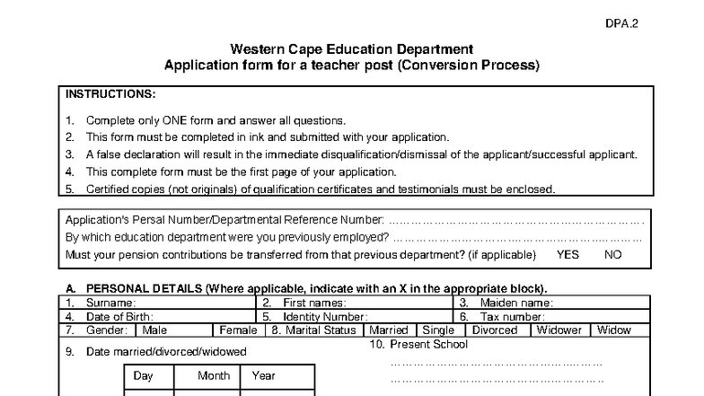 DPA.2 Teacher Post Application Form - Western Cape Education Dept - Studocu