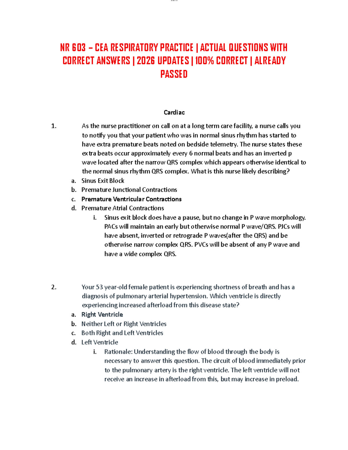 NR 603 CEA Cardiac Practice Questions: Key Concepts & Answers 2026 ...