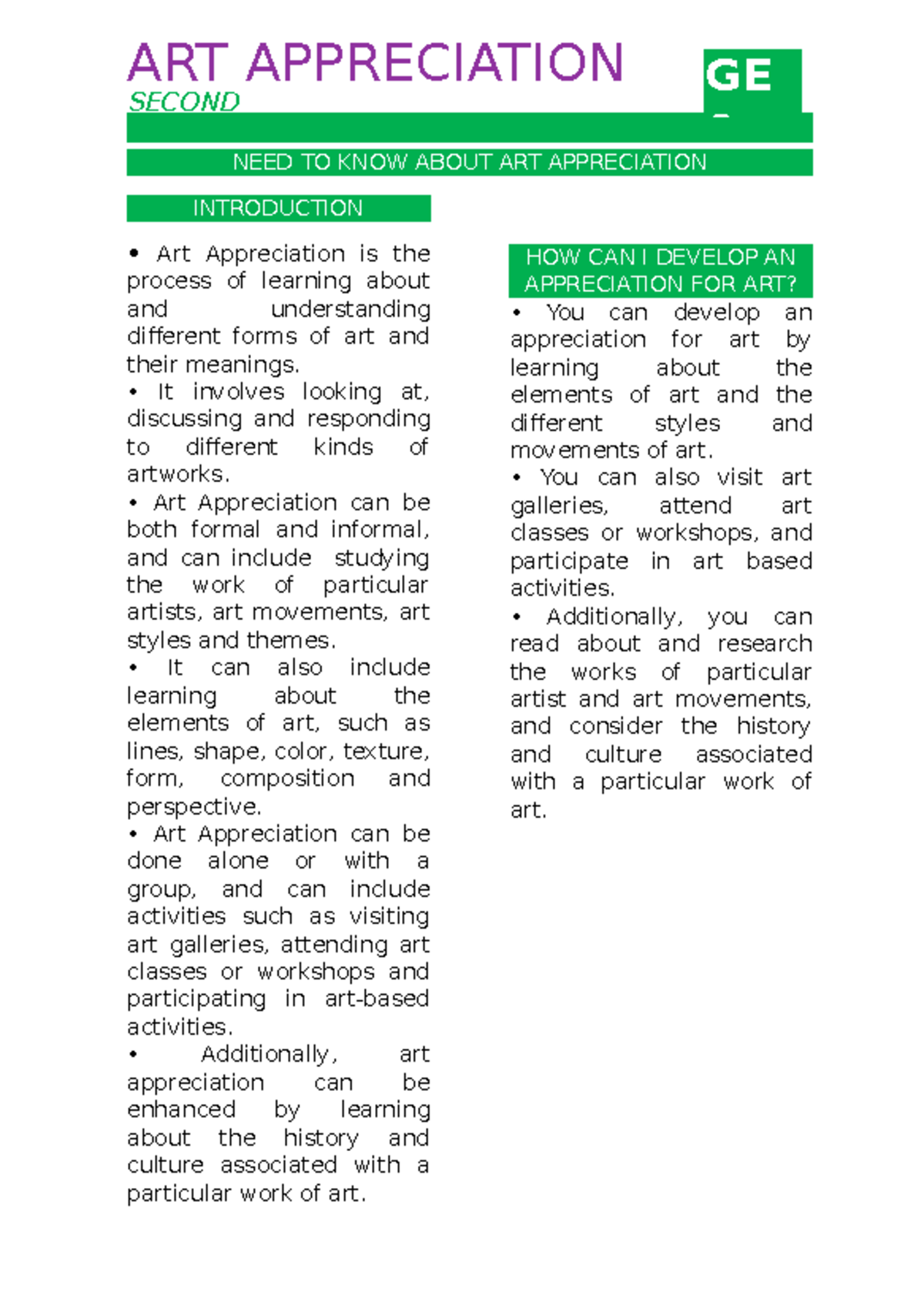 ART Appreciation - 1st Sem: Understanding the Value of Art - Studocu