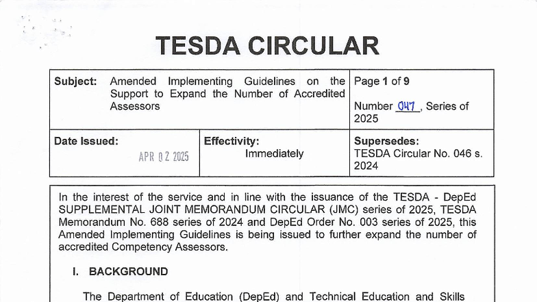 TESDA Circular No. 047-2025: Amended Guidelines for Accredited ...