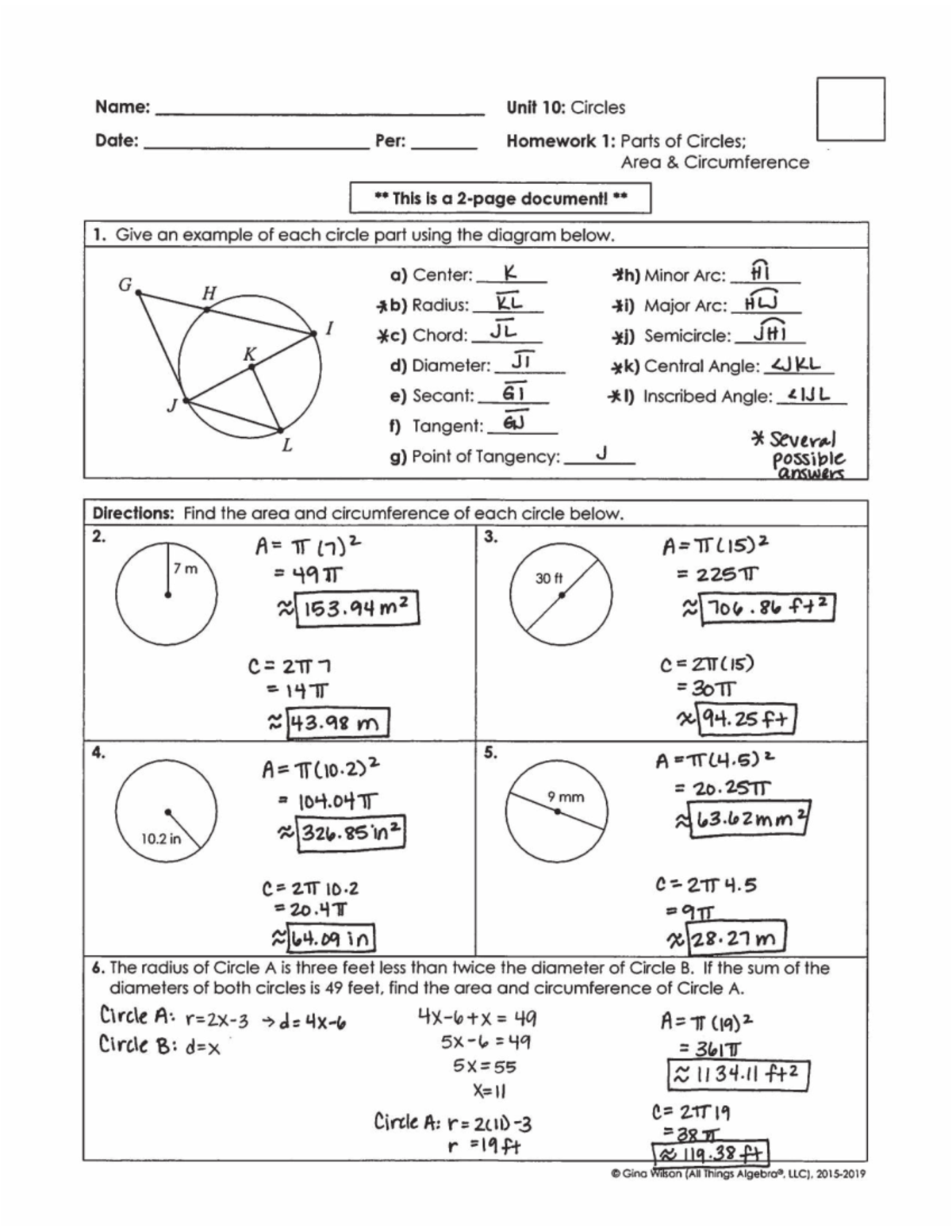 Unit 10: Circles - Homework 1 on Area & Circumference - Studocu