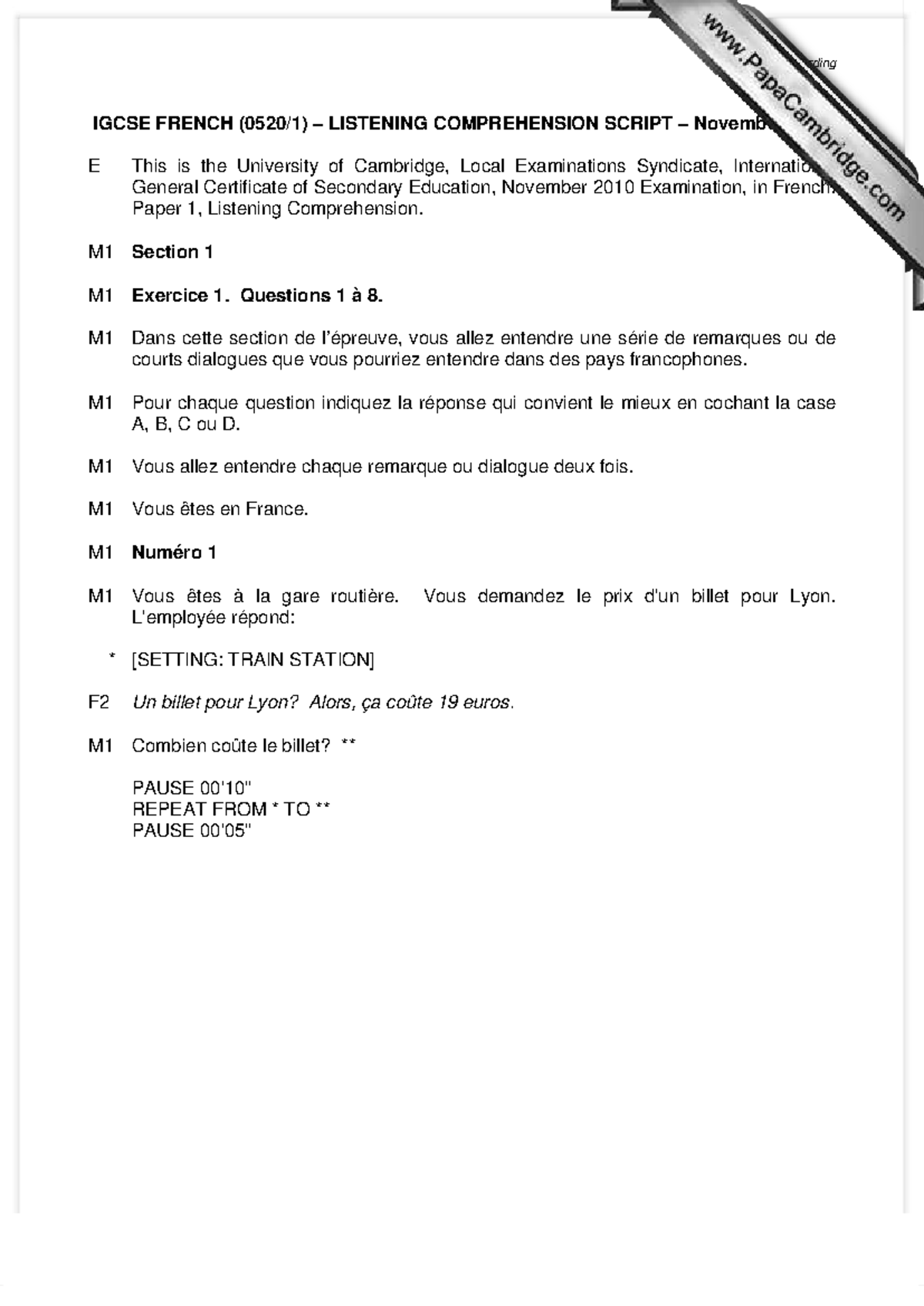 0520 13 IGCSE French Listening Comprehension Tapescript - Nov 2010 ...