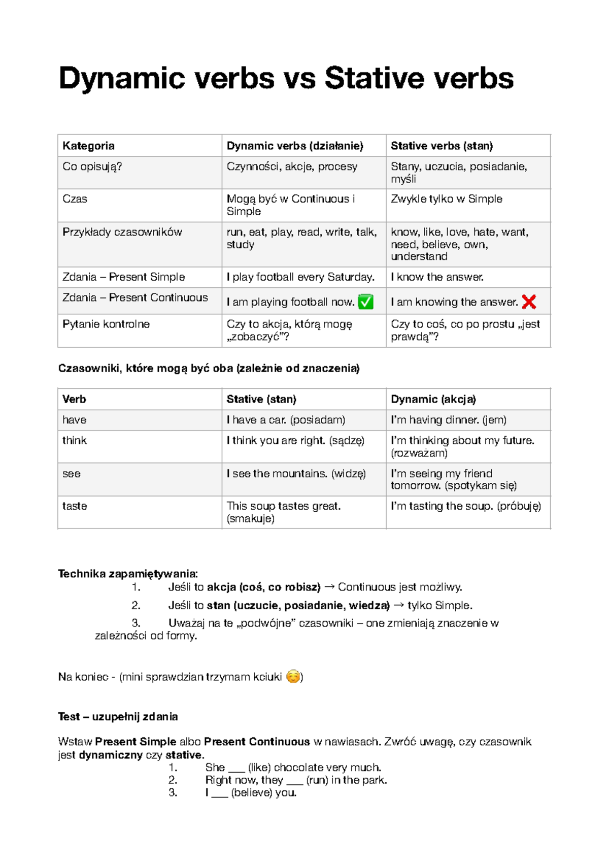 Dynamic vs Stative Verbs: Key Differences and Examples - Studocu
