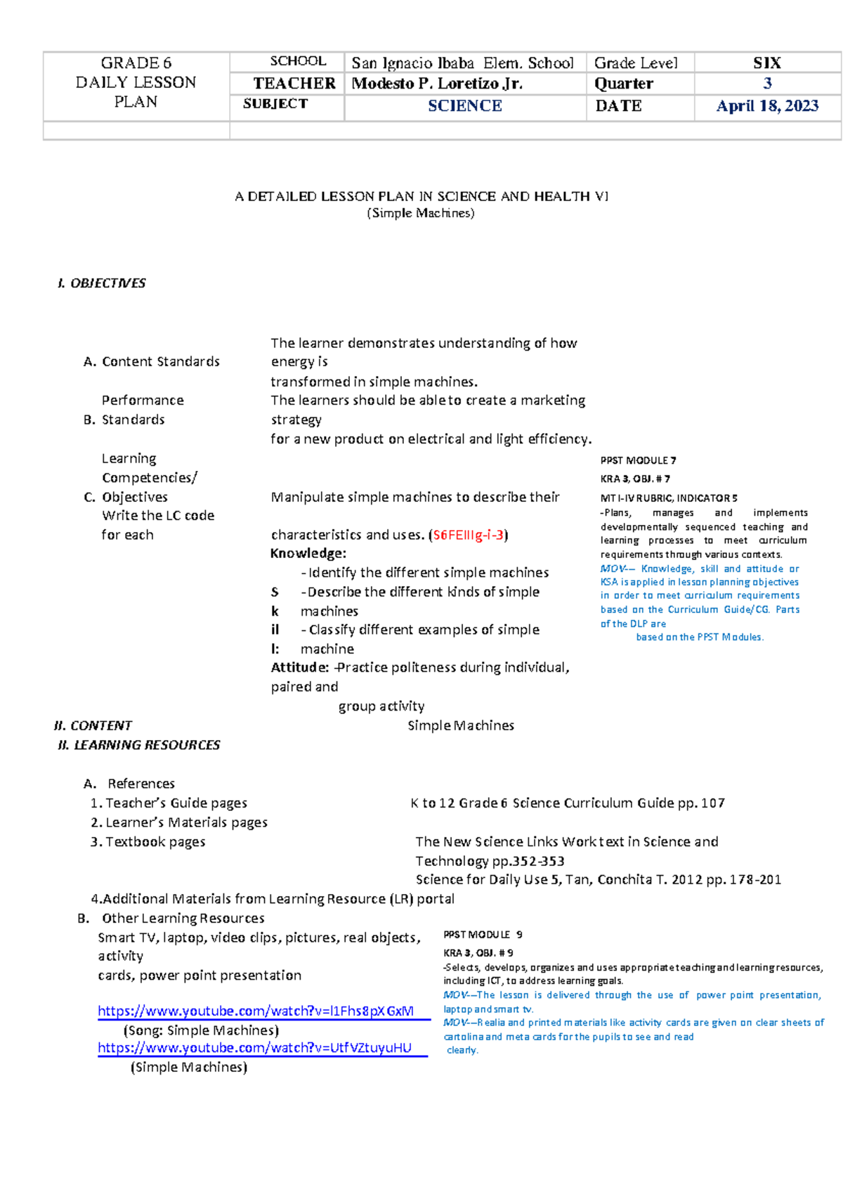COT DLP Science 6: Detailed Lesson Plan on Simple Machines - Studocu
