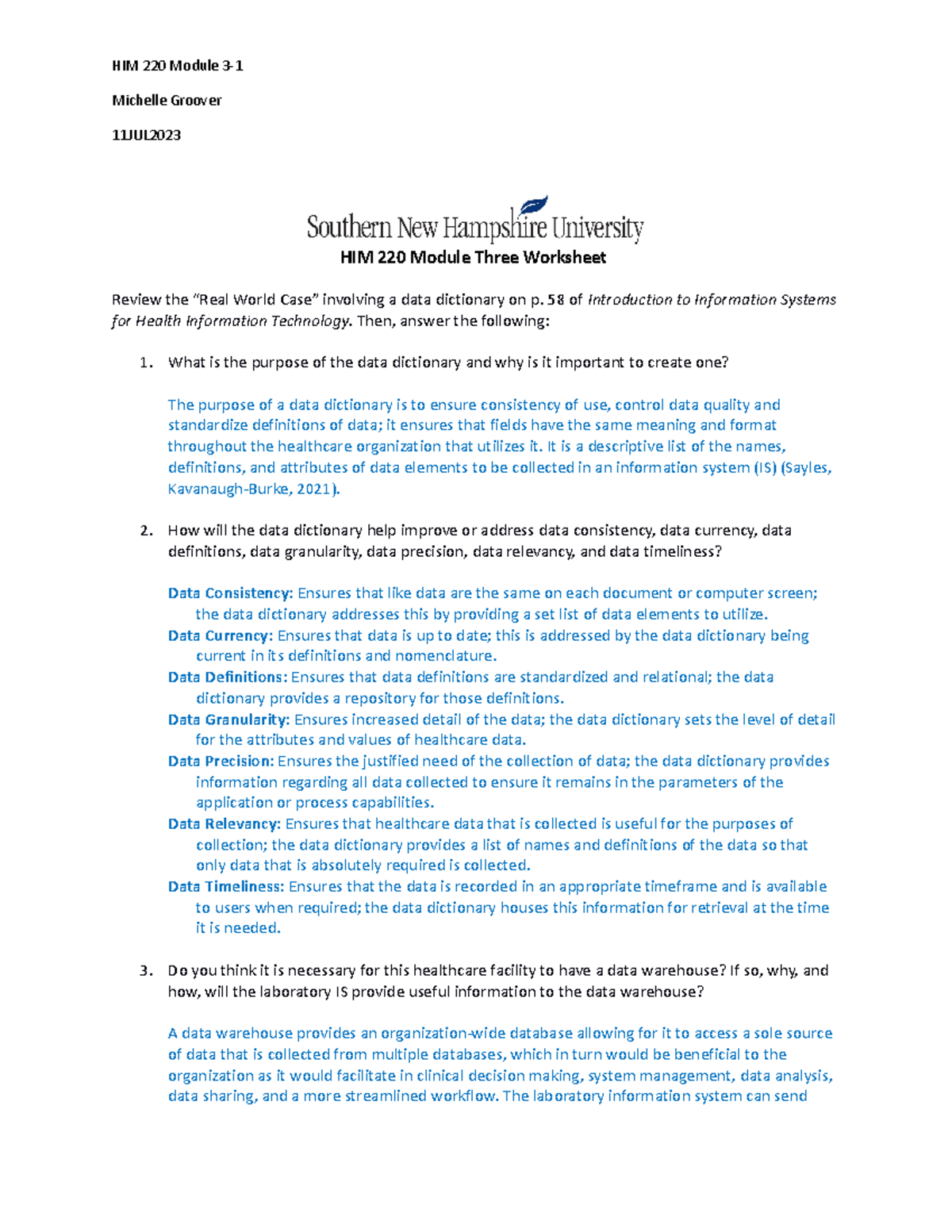 HIM 220 Module 3-1 Data Dictionary Worksheet and Analysis - Studocu