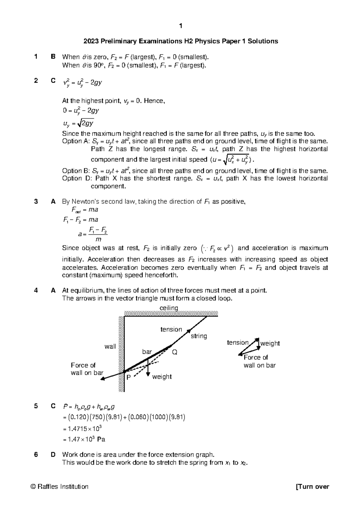 2023 RI H2 Physics Prelims P1 Solutions and Explanations - Studocu
