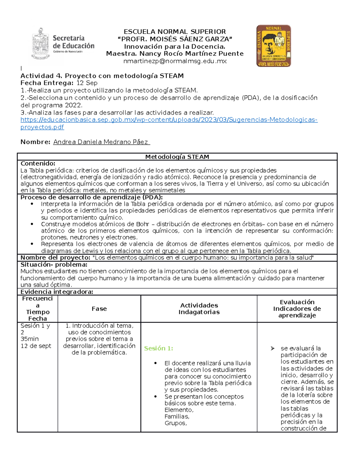 4. Propuesta de Proyecto STEAM: La Tabla Periódica y Salud - Studocu