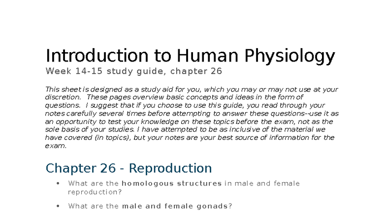Human Physiology Study Guide: Reproductive System (Ch. 26) - Studocu