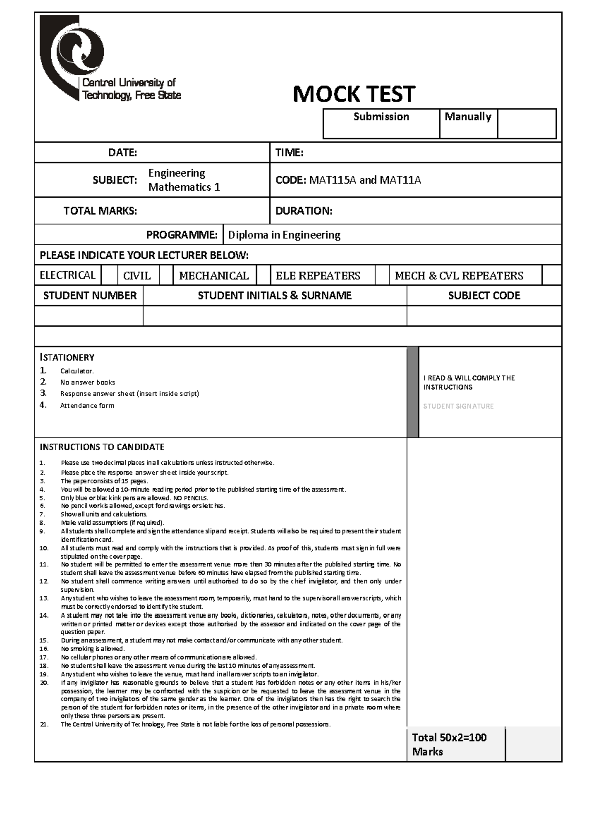 2026 MAT11A & MAT115A Engineering Mathematics Mock Test - Studocu