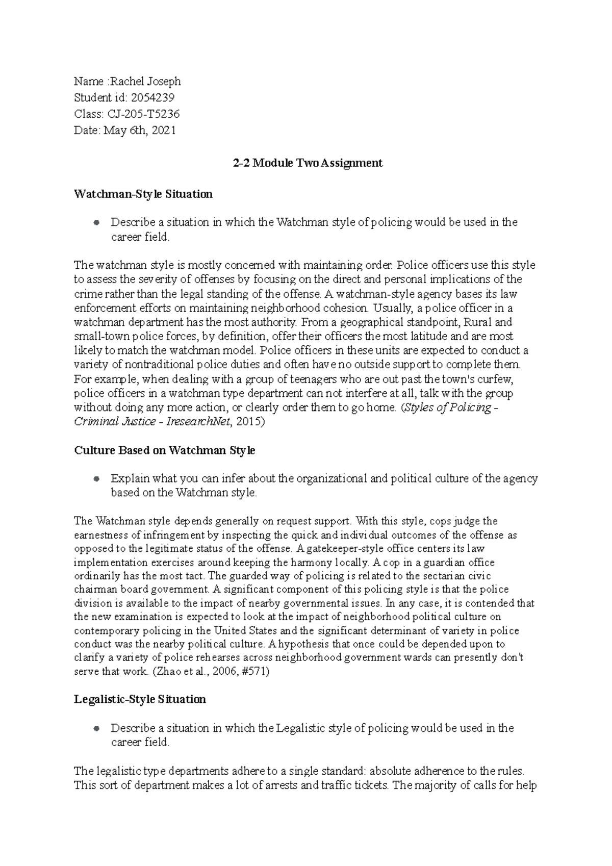 CJ-205-T5236 2-2 Module Two Assignment - Name :Rachel Joseph Student id ...