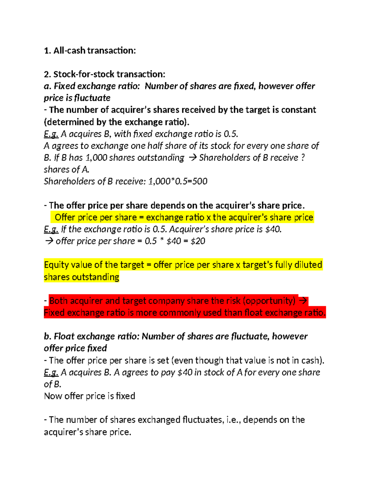 Lecture 4: Cash & Stock Transaction Formats and Calculations - Studocu