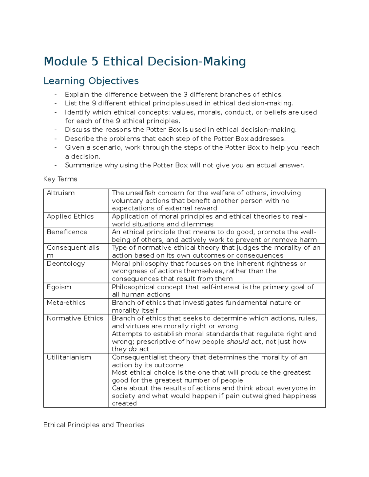 Applied Ethics: Exploring Ethical Principles and the Potter Box - Studocu