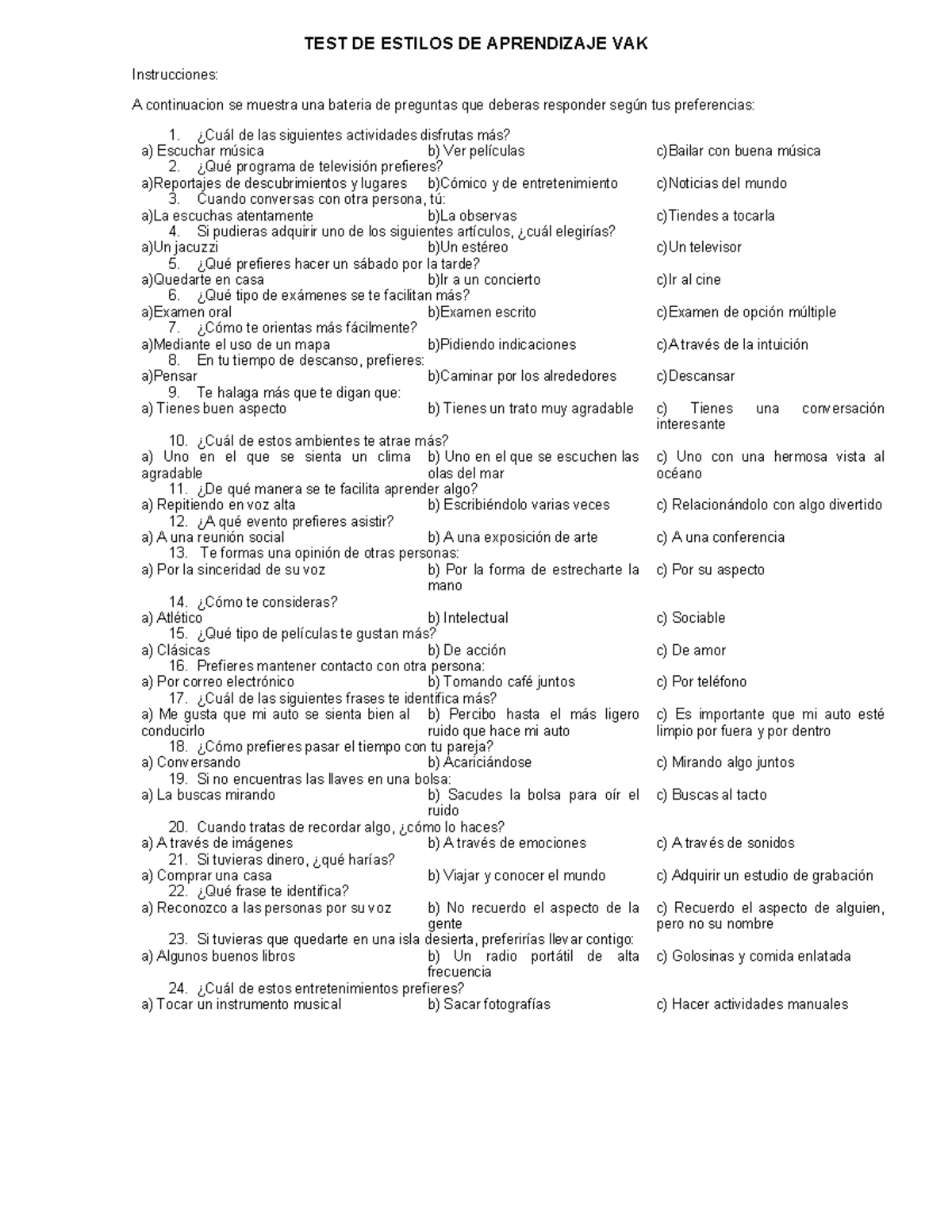 TEST DE Estilos de Aprendizaje VAK - Cuestionario y Preguntas - Studocu