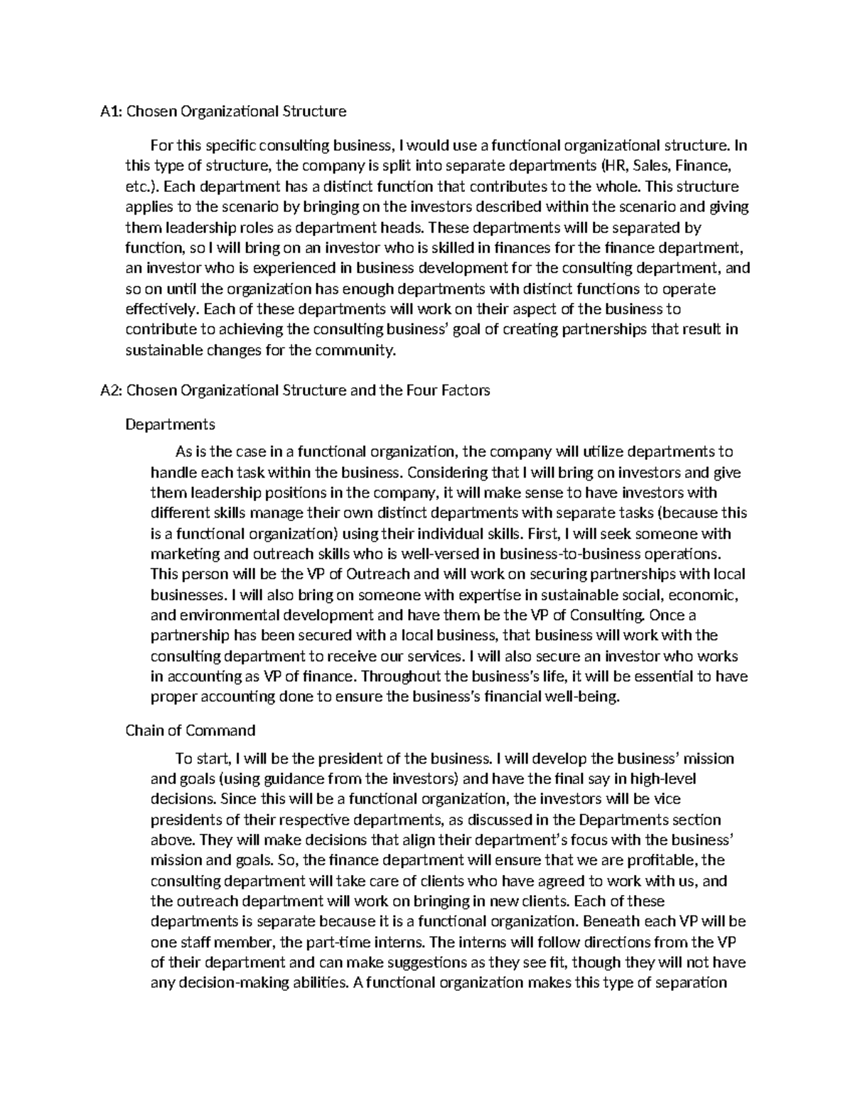 A1: Functional Organizational Structure for Consulting Business (D078 ...