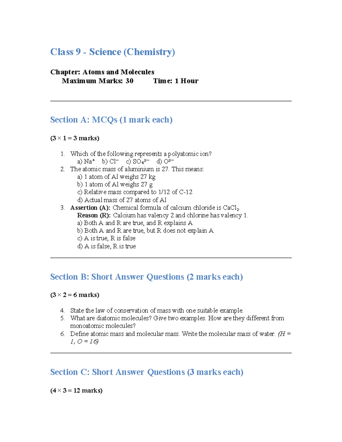 Class 9 Science (Chemistry) Ch3 Test: Atoms & Molecules Exam - Studocu