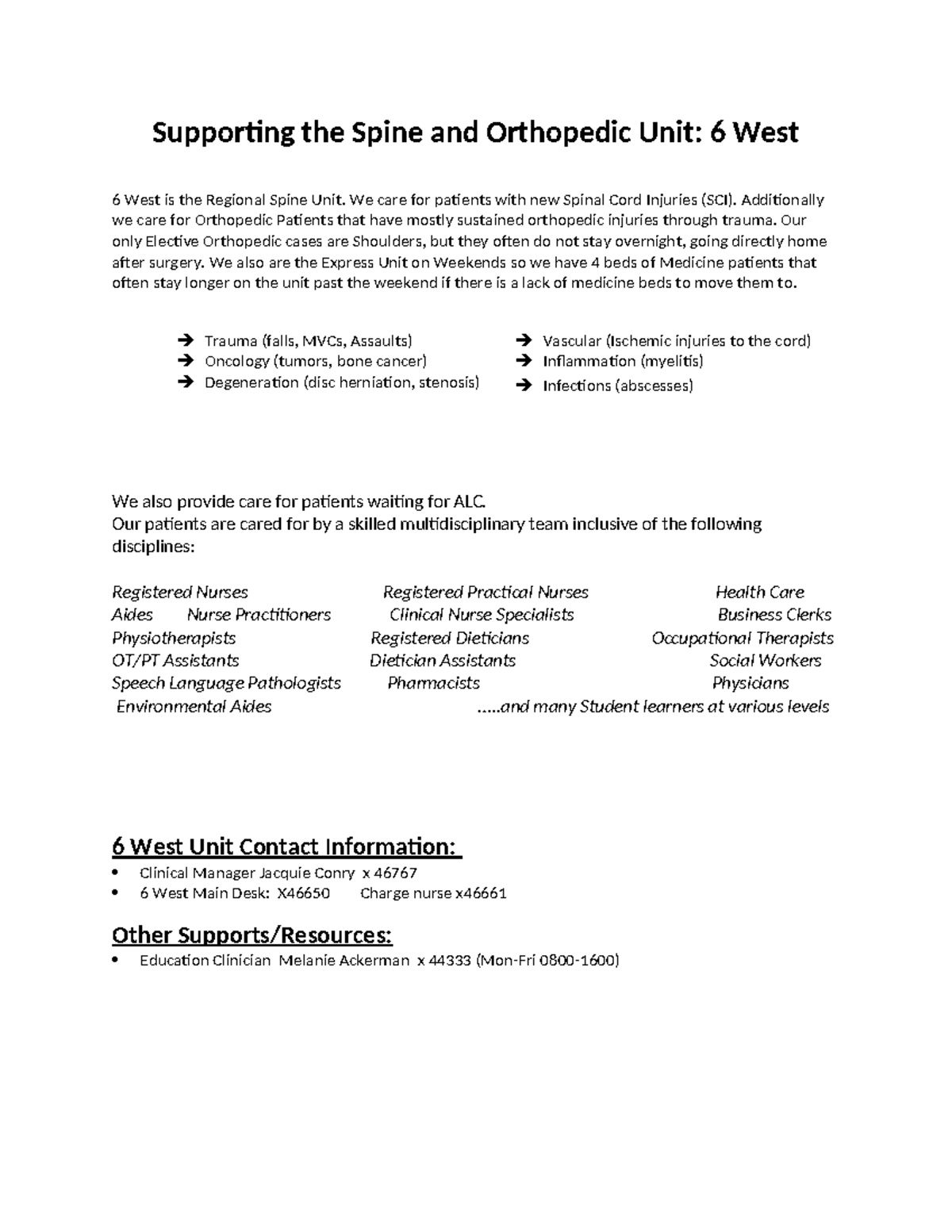 Supporting the Spine & Ortho Unit: Overview of 6 West Care - Studocu