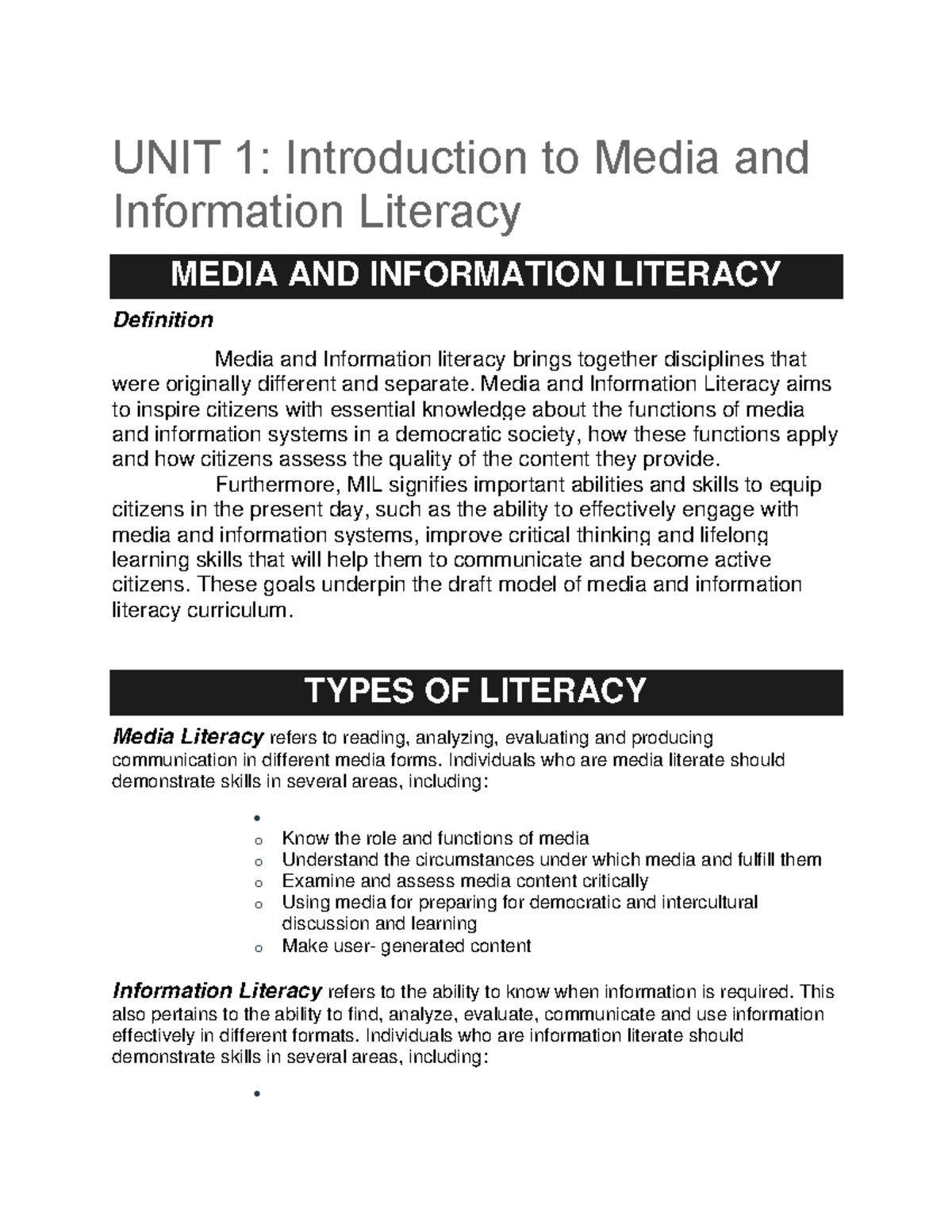 Mil 2nd sem alll lessons - UNIT 1: Introduction to Media and ...