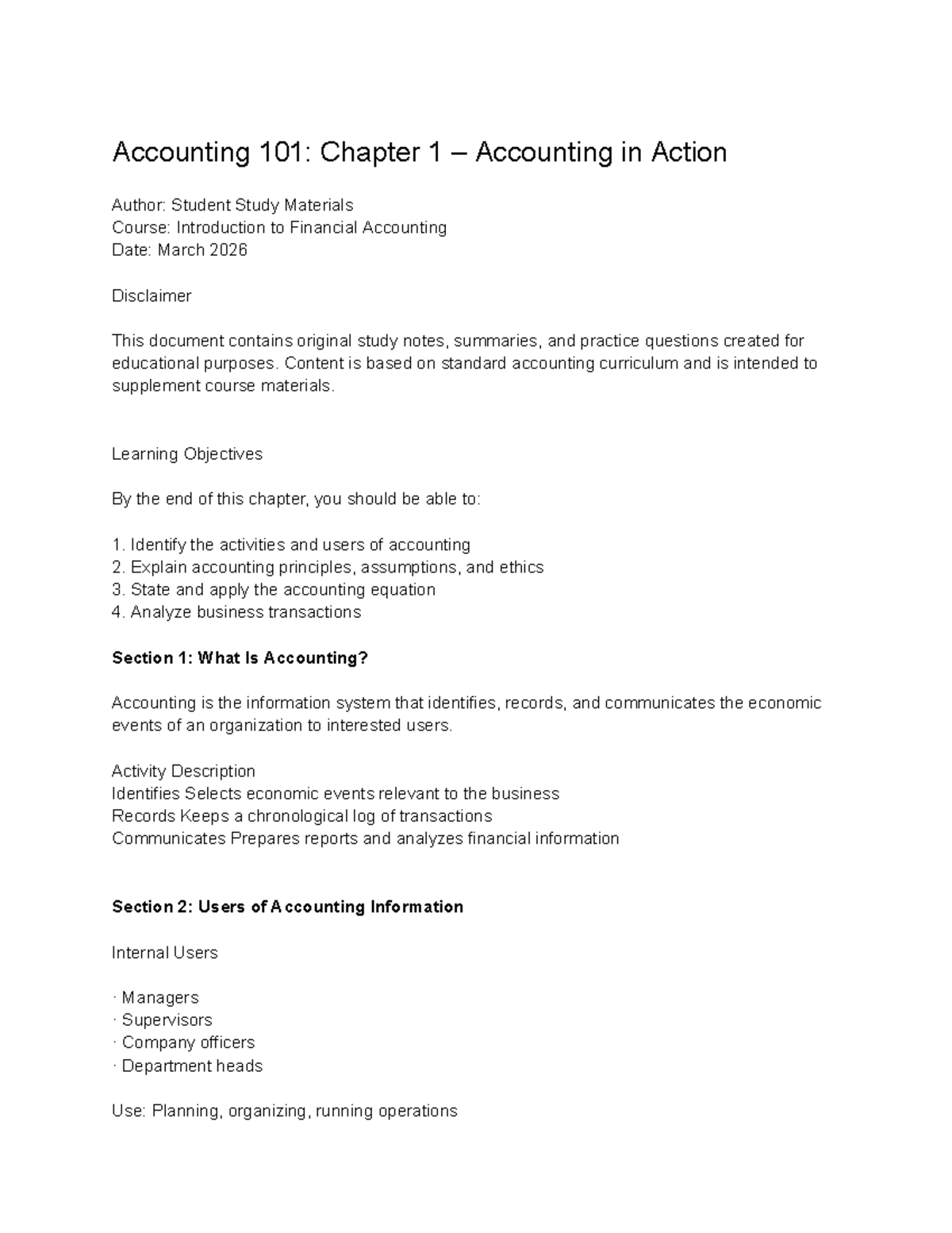 ACC 101: Chapter 1 - Accounting in Action Study Guide - Studocu