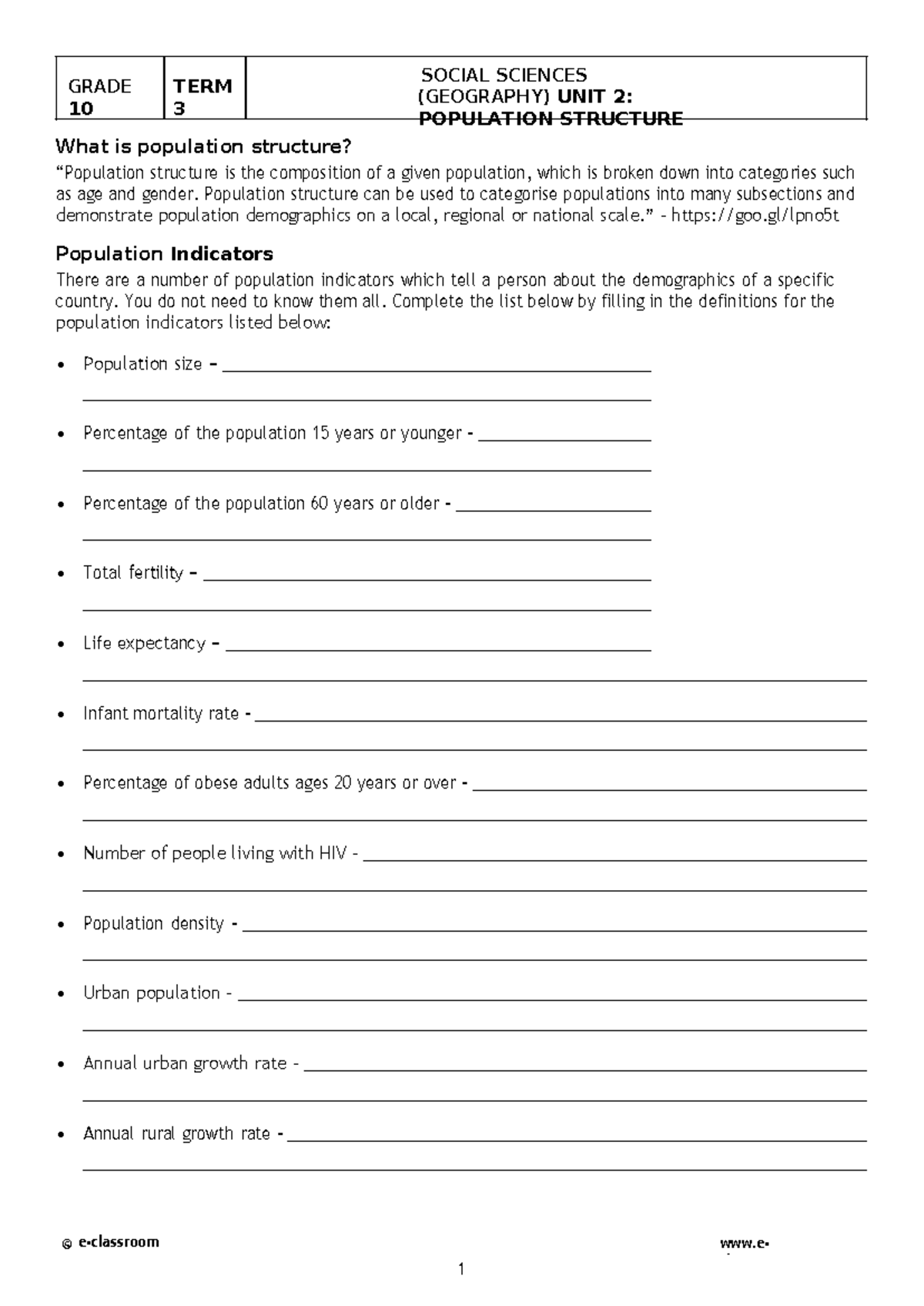 GRADE 10 TERM 3 SOCIAL SCIENCES (GEOGRAPHY) UNIT 2: POPULATION ...