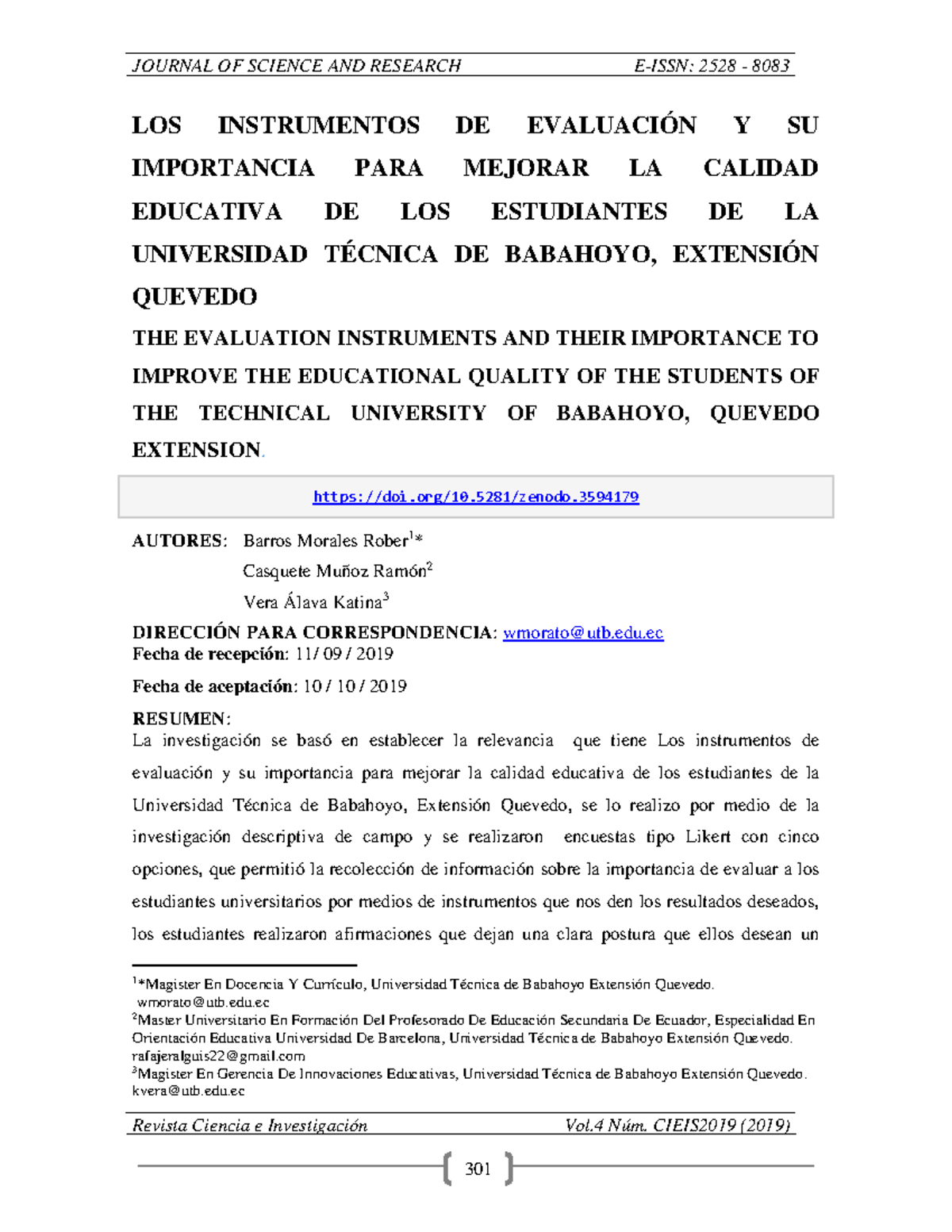 JOURNAL OF SCIENCE AND RESEARCH 2528 8083: Evaluación y Calidad ...