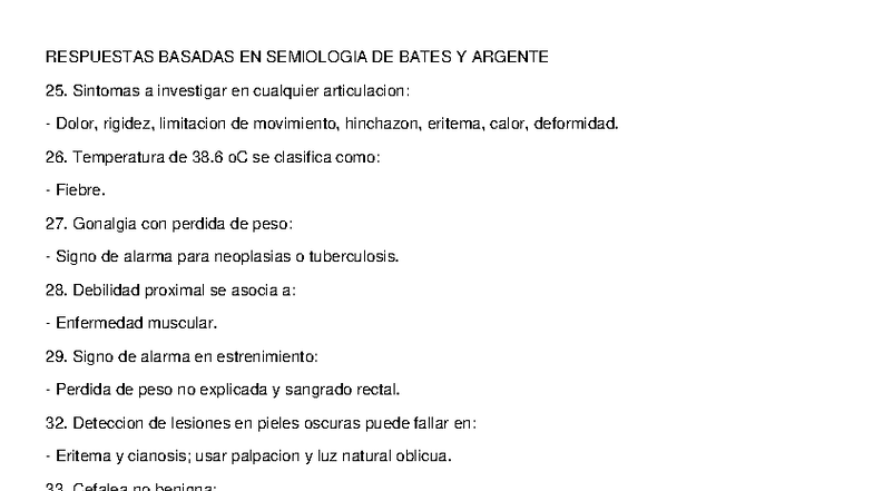 Respuestas Semiología Bates y Argente: Síntomas y Signos Clave - Studocu