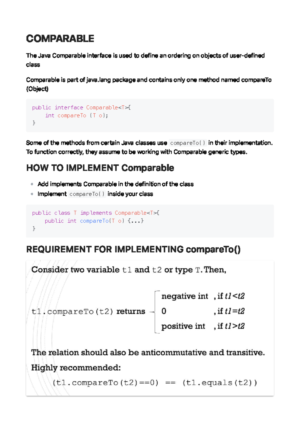 Lecture 13: Understanding the Java Comparable Interface and Its Implementation - Studocu