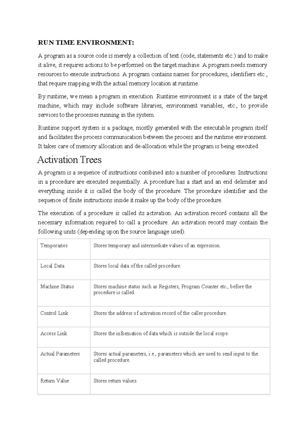 408502202 - Run Time Environment: Concepts and Mechanisms - Studocu