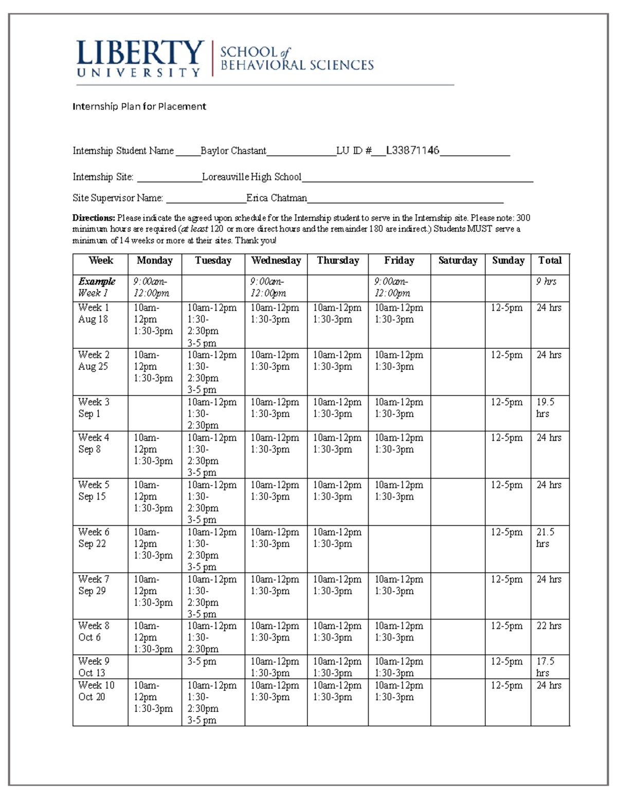 Internship Plan for Placement: Student Schedule Template - Studocu