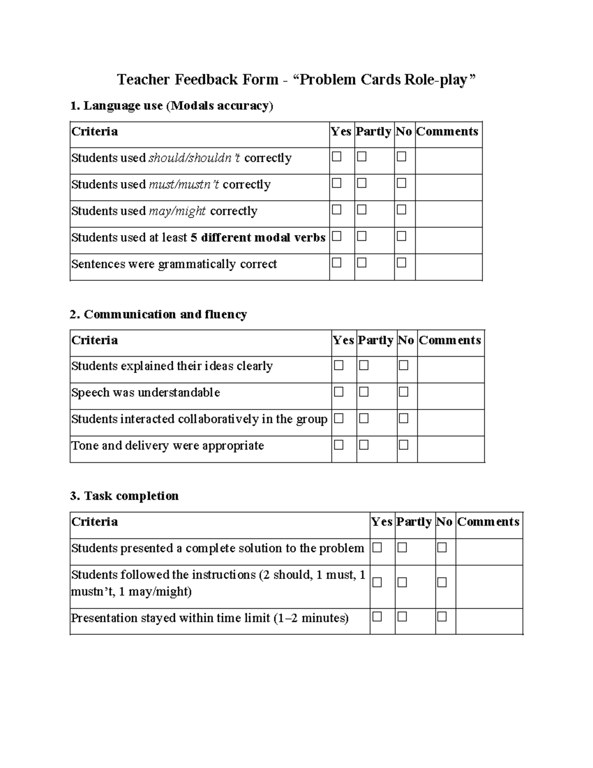 Teacher Feedback Form - Language Use & Communication Criteria - Studeersnel