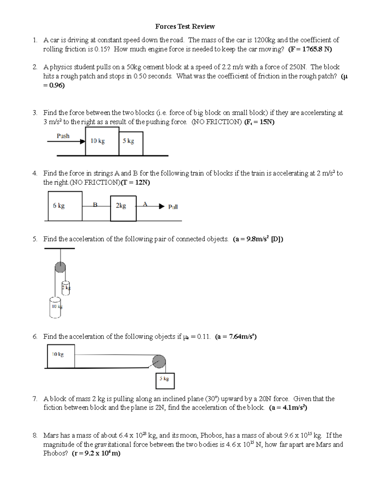 Forces Test Review Worksheet - Physics Exercises - Studocu